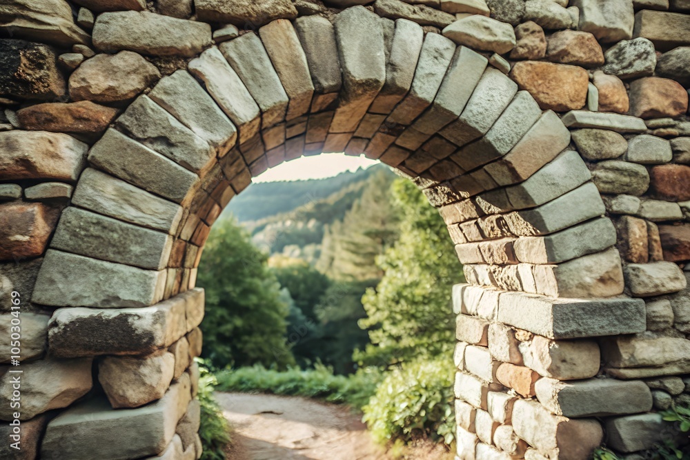 Stone arch with a view of a scenic landscape, blending natural elements ...
