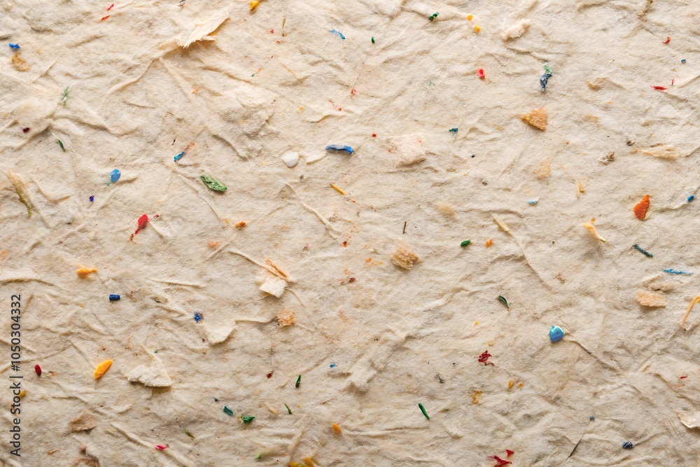 Recycled paper pulp texture background with specks of color for an eco ...