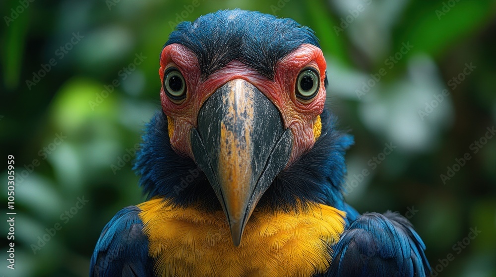 A close-up portrait of a blue and yellow macaw with a large, black beak ...