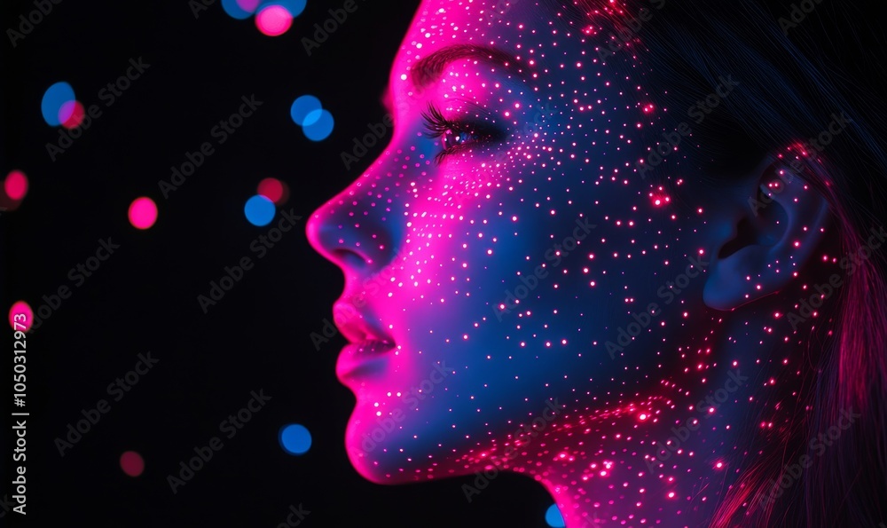 Neon Network Portrait of Woman Side View with Glowing Nodes on Black ...