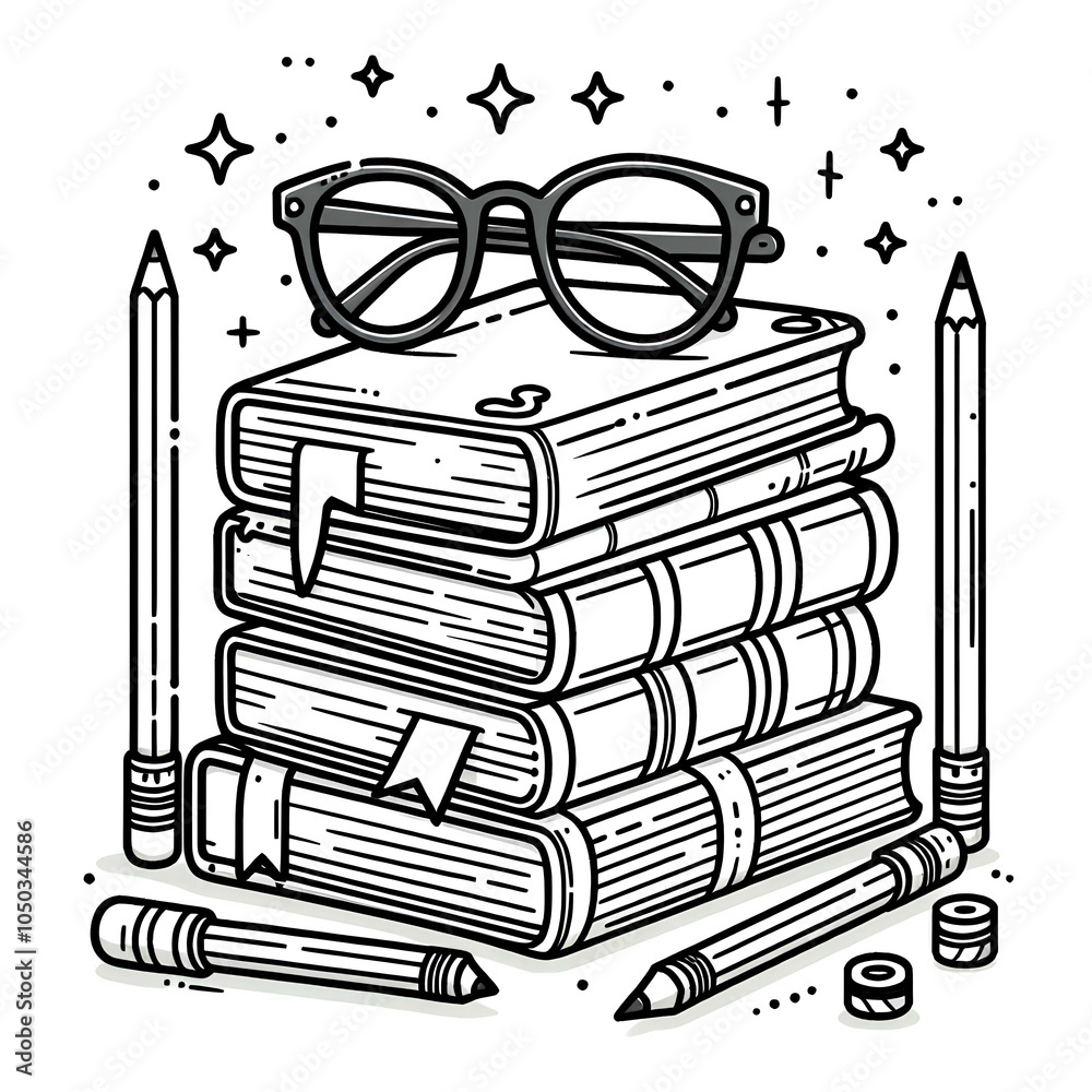 coloring page featuring a stack of books, with a pair of glasses ...