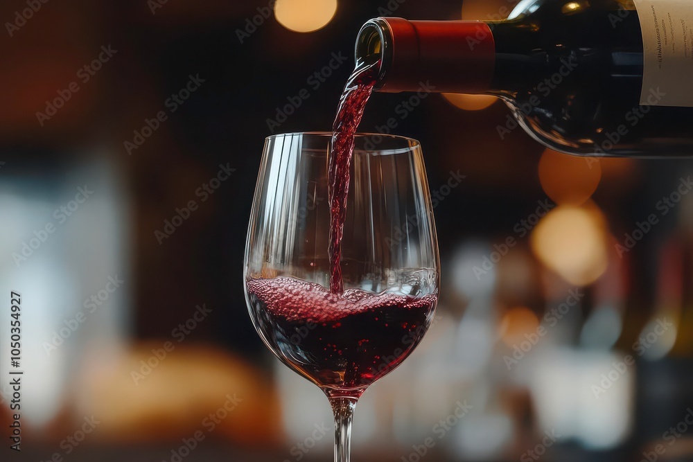 Wine Being Poured A rich stream of red wine flowing from a bottle in ...