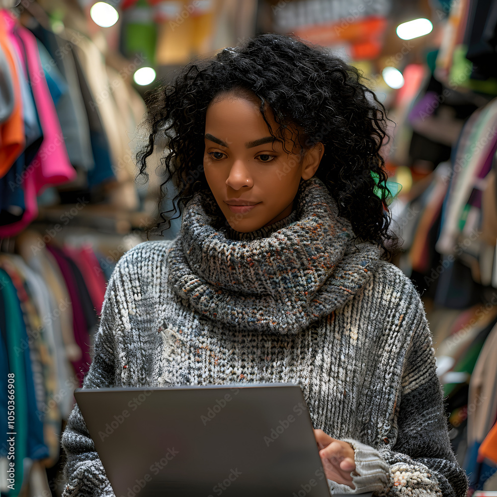 young american woman checks stock with laptop at her clothing store ...