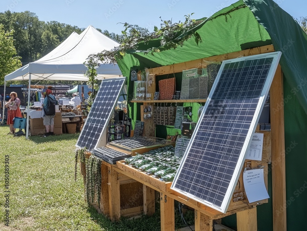 A sustainable living fair, with stalls displaying solar panels, eco ...