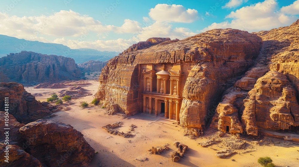 Aerial view of Petra ancient city, with temples and tombs carved into ...