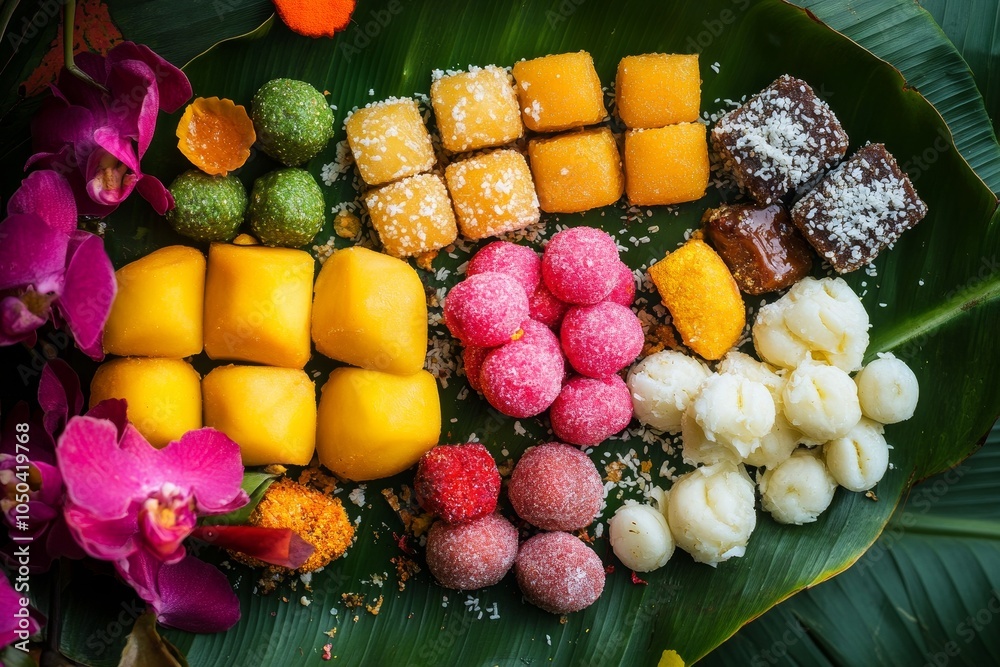 A vibrant assortment of traditional Indian sweets, including ladoo ...