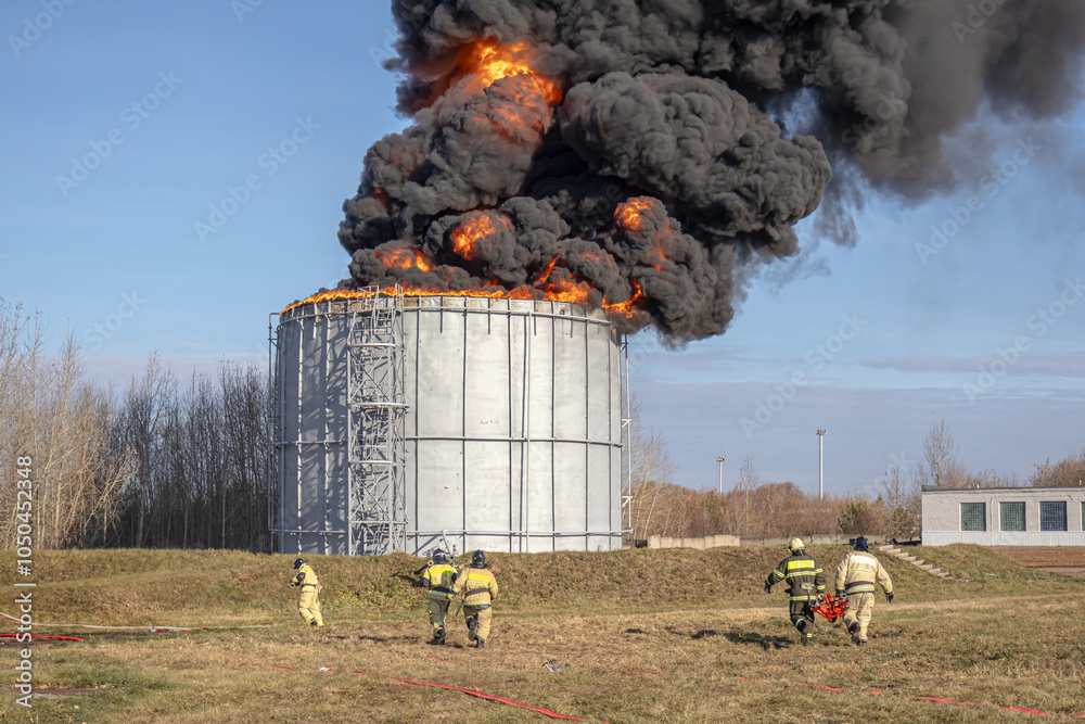 A fire at an oil refinery. Firefighters extinguish an oil depot Fire ...