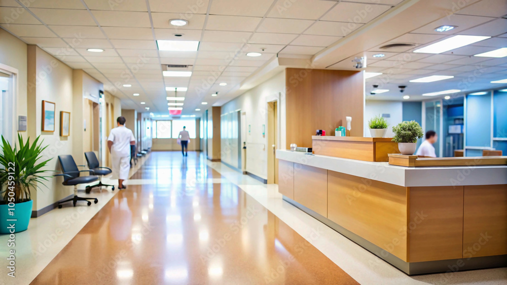 clean and well-lit hospital corridor with a reception desk in the ...