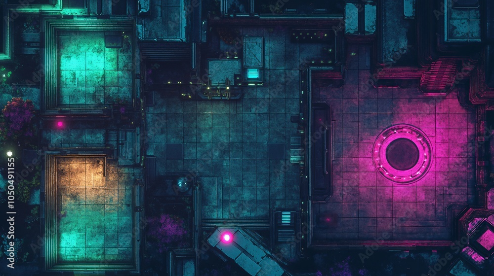 A striking futuristic dungeon map featuring vibrant neon lights and ...