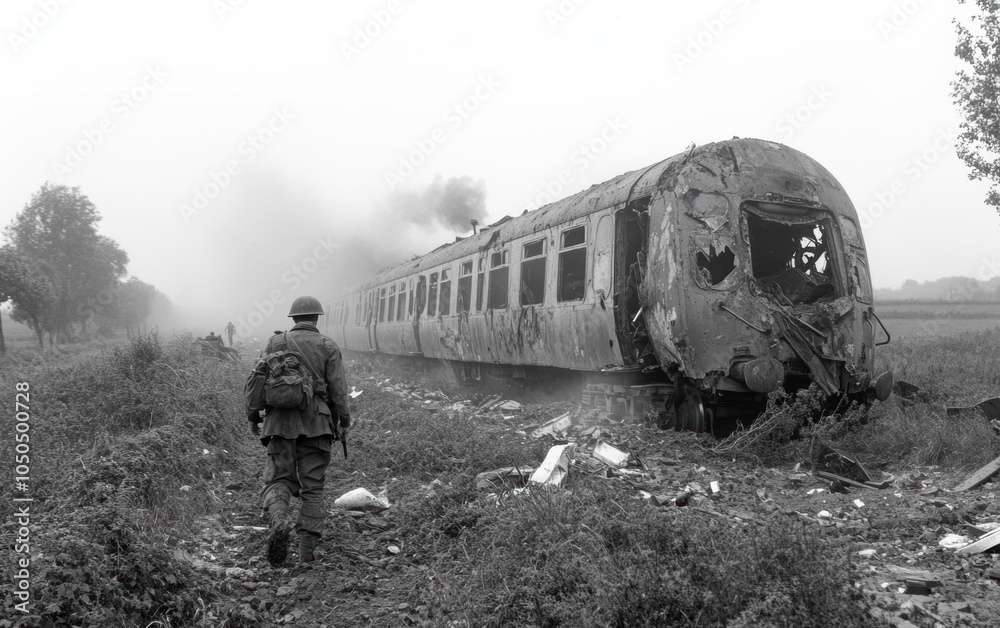 A lone soldier walks past a destroyed train, smoke billowing in the ...