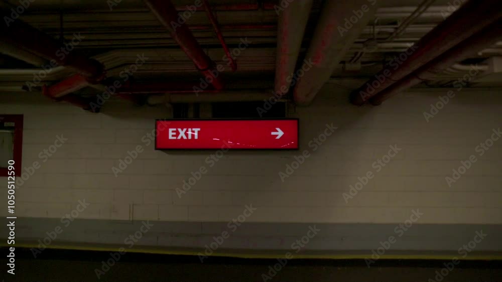 red Exit sign with an arrow pointing right, mounted on a wall in a ...
