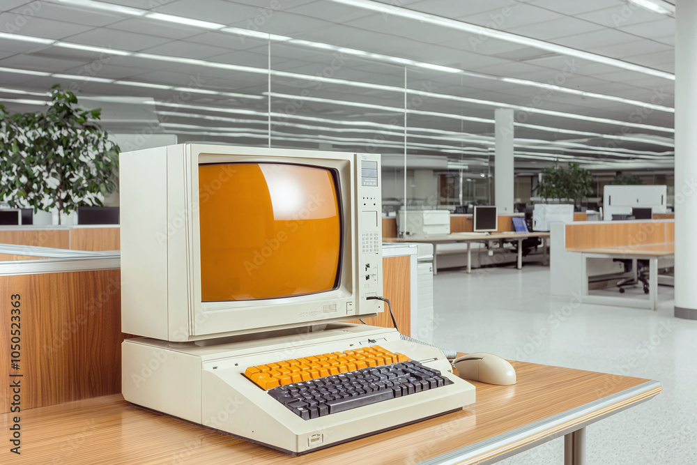 1980s office cubicle, IBM computer, amber monitor, wood veneer desk ...