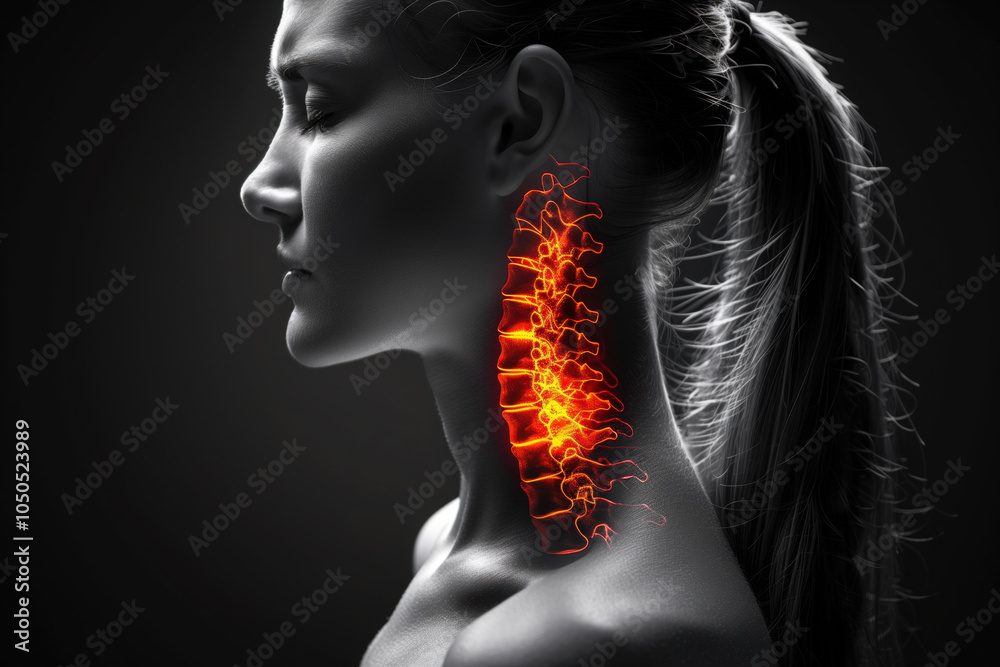 Hernia of the cervical spine, neck pain, woman suffering from backache ...