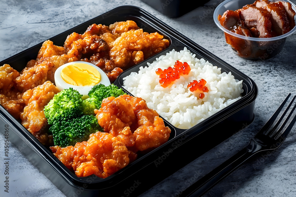 Bento box with crispy fried chicken, steamed broccoli, white rice ...