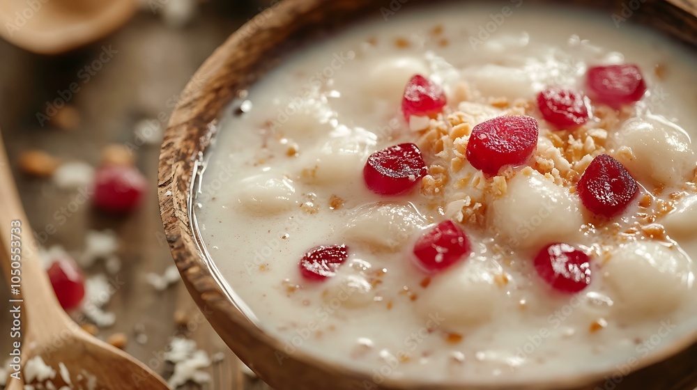 Macro image of vibrant Thai water chestnut in coconut milk, with ruby ...