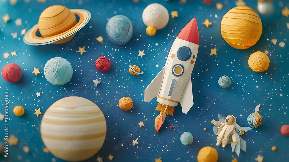 Paper craft rocket, planets and astronaut in outer space on blue starry ...