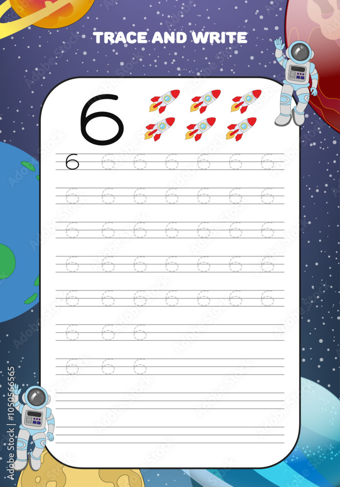 Trace and write practice math numbers for kids with galaxy cosmos and ...