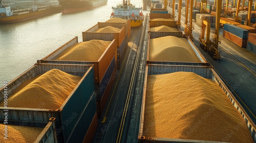 Containers filled with grain being transferred from a truck to a cargo ...