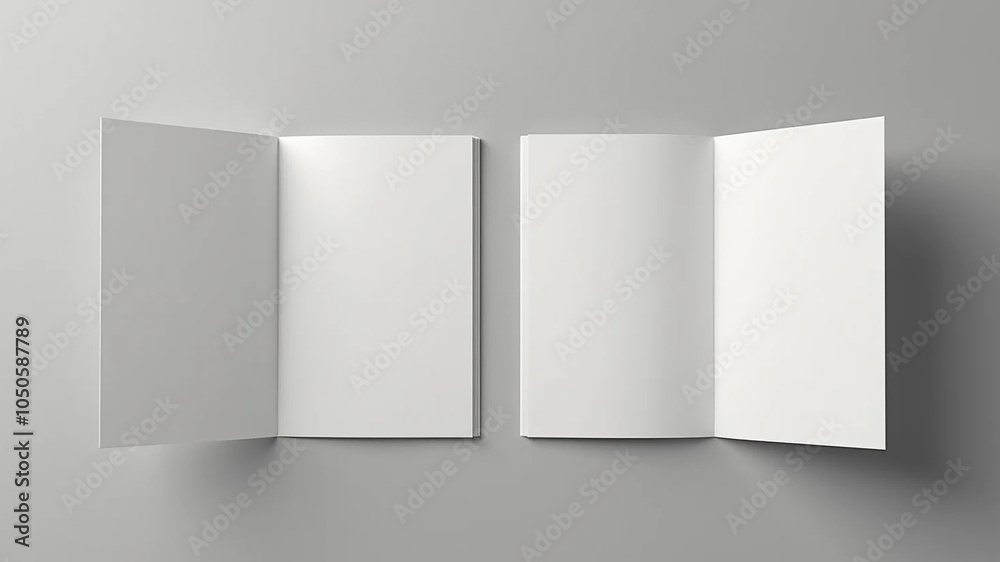 Open and closed blank brochures on grey background, top view. Mock up ...