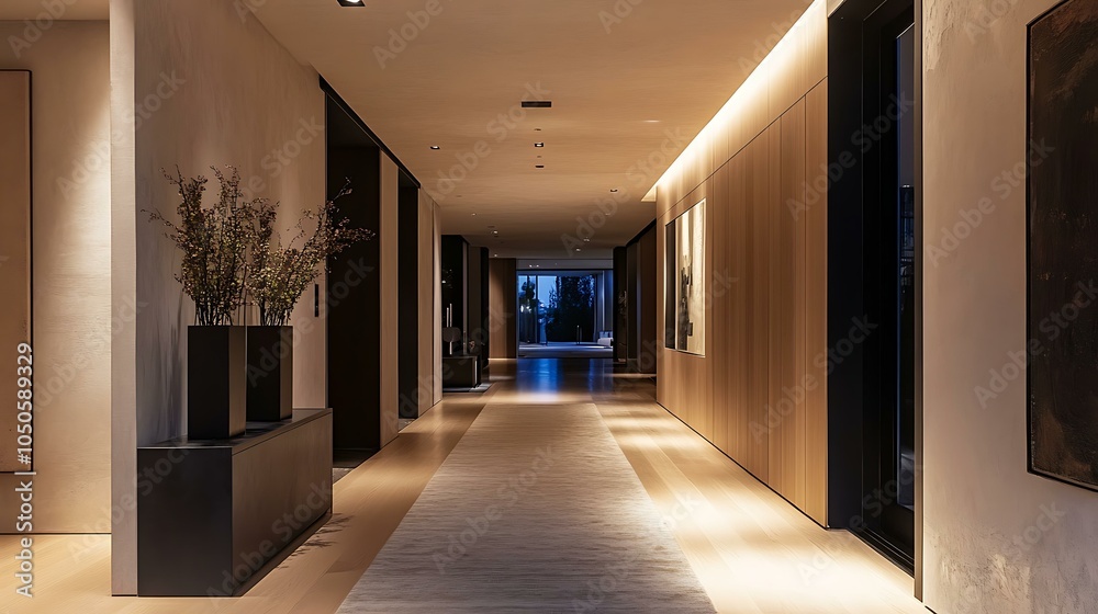 An elegant hallway featuring minimalist decor, smart lighting, and ...