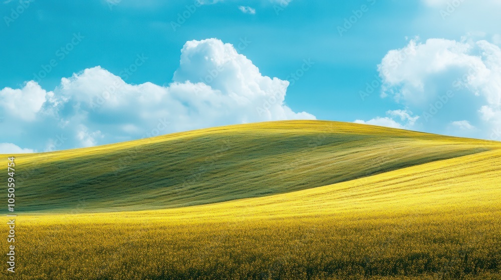 Rolling Golden Fields Under a Bright Blue Sky with Fluffy Clouds ...
