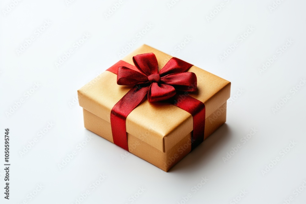 Small Gold Gift Box with Red Satin Ribbon and Bow isolated on white ...