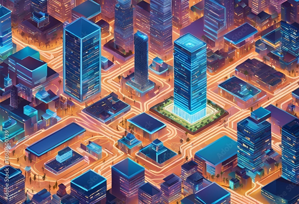 Isometric view of smart city featuring microchips, electronic patterns ...