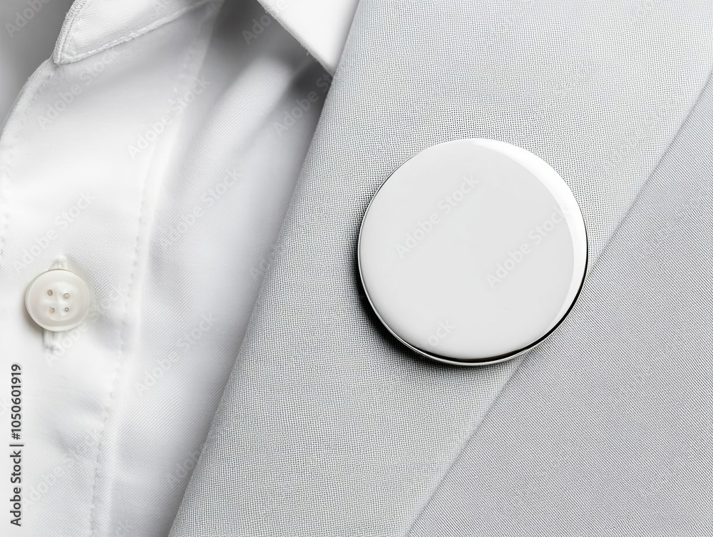 Blank circular pin button mockup on the lapel of a business suit, shiny ...