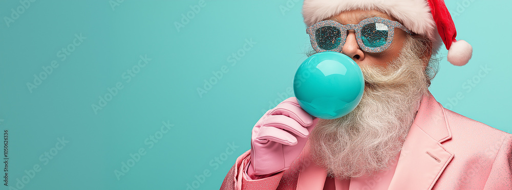 Santa claus in a pink suit and hat. He has sunglasses on with a large ...