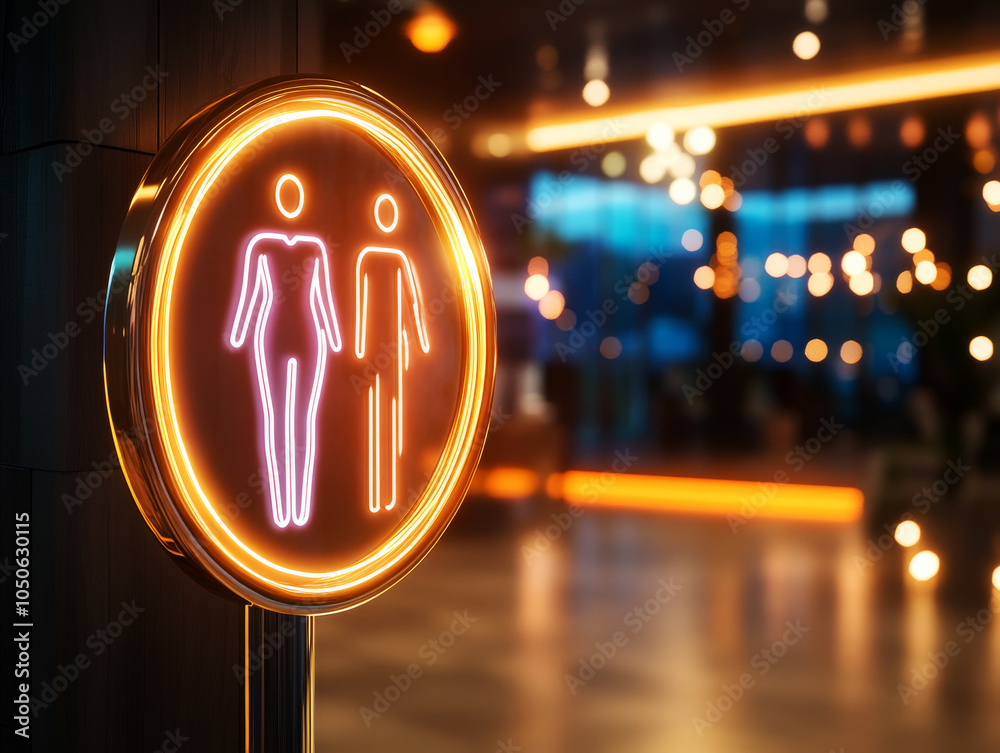 Neon Restroom Sign: A vibrant neon sign illuminates the entrance to a ...
