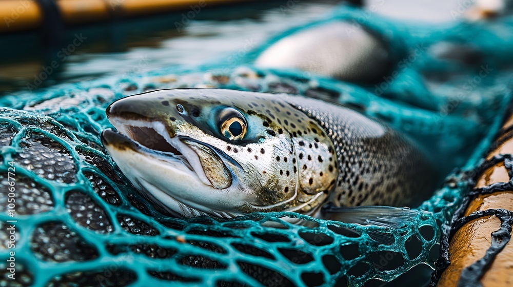 Close-up of freshly caught salmon fish in net on sustainable fish farm ...