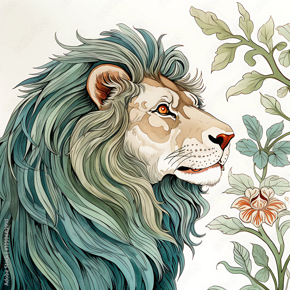 ELEGANT DRAWING OF A LION AND FLOWERS Stock Illustration | Adobe Stock