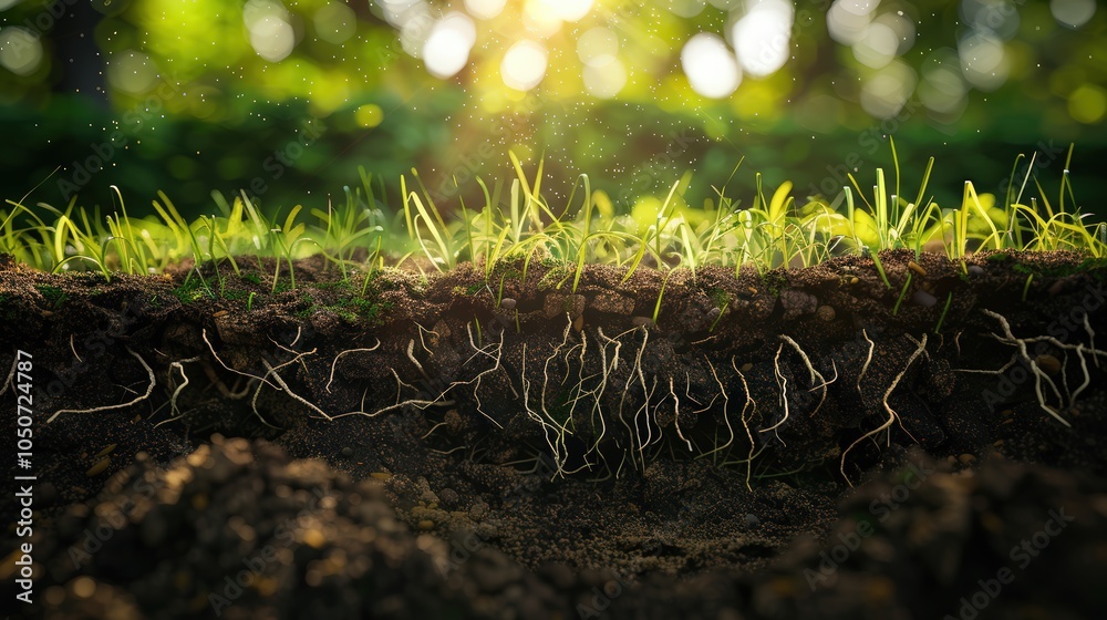 Green grass turf cross-section showing roots and soil layers, vibrant ...