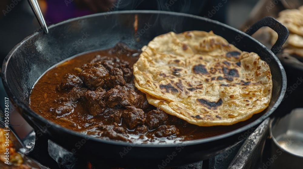 A close-up of freshly made parotta bread served with spicy beef curry ...