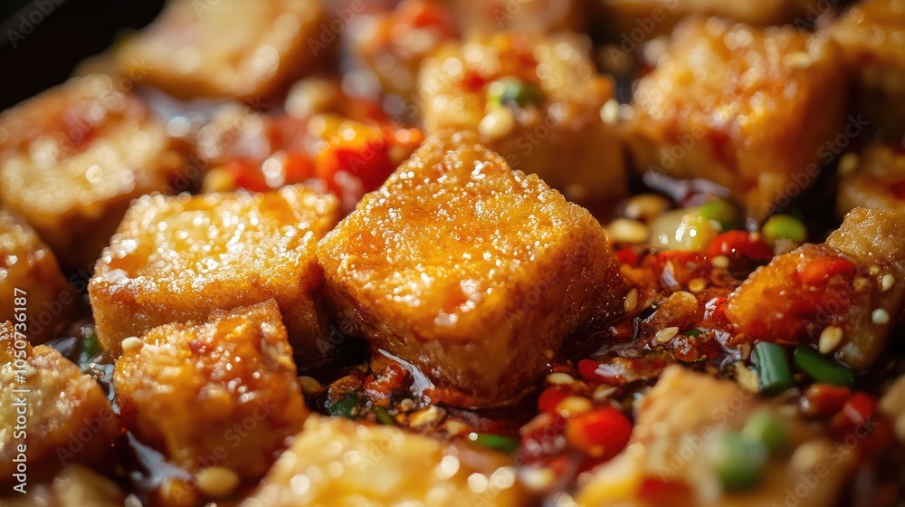 A close-up of fried stinky tofu served with spicy sauce and pickled ...