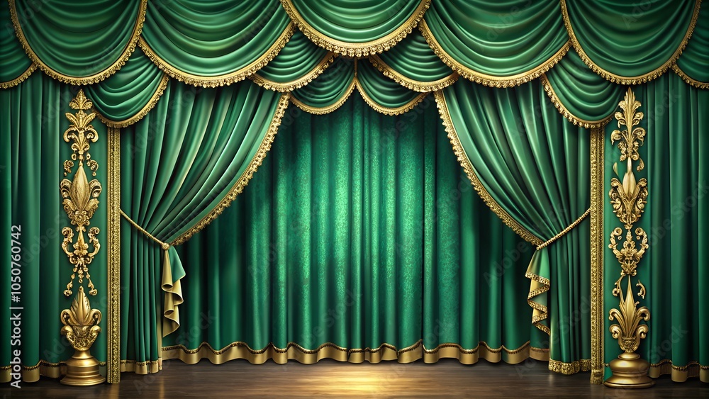 Luxurious green stage curtain with gold trim, creating an opulent and ...