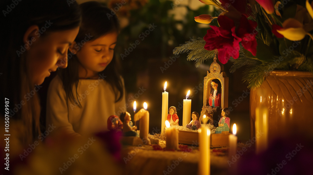 Mother and daughter praying by nativity scene during Las Posadas. Stock ...