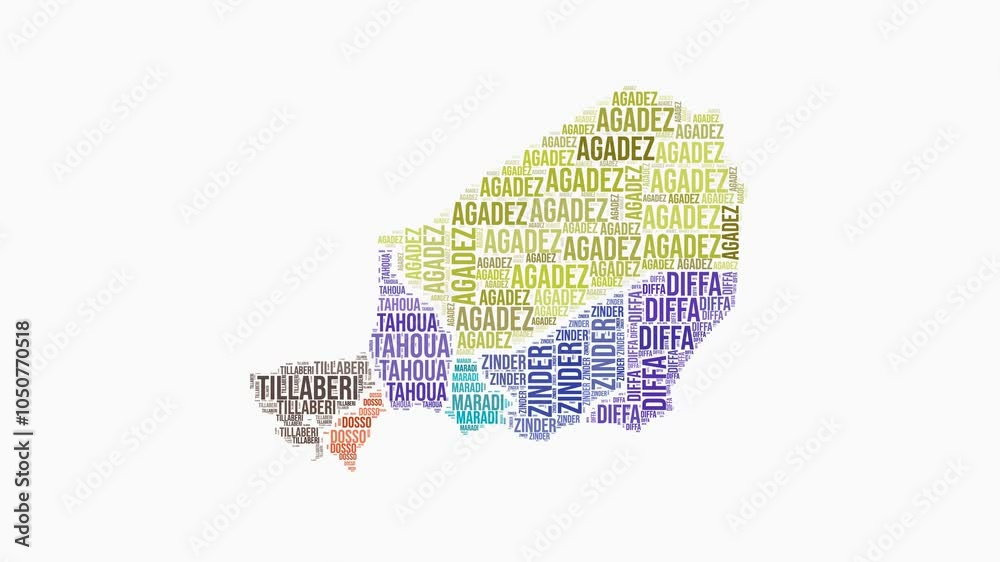 Niger regions word cloud animation. Country logo animated video. Niger ...
