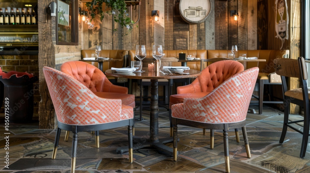 A cozy restaurant setting with a round table and four chairs, featuring ...