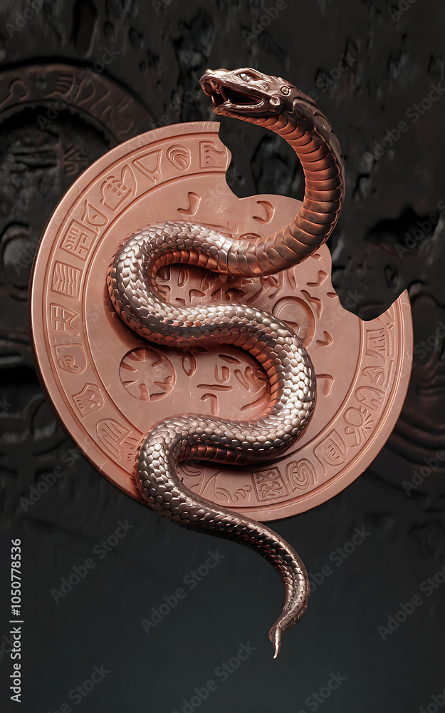 Copper snake on a circular copper plate with ancient symbols a mystical ...