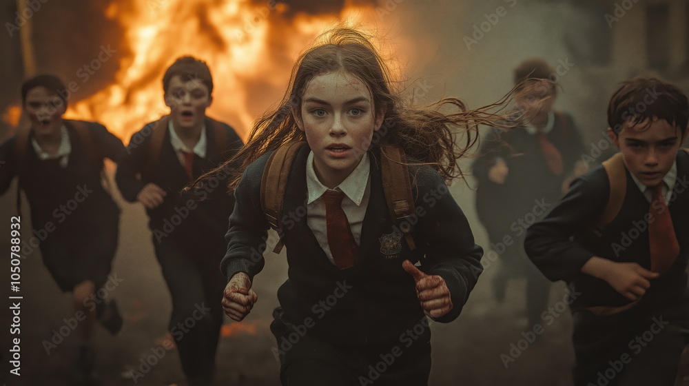 Young students frantically escaping from a burning school. The children ...