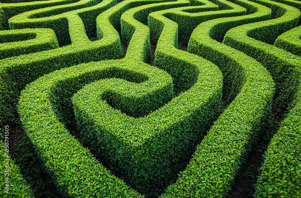 A photo of an endless green maze made from hedges, with no clear path ...