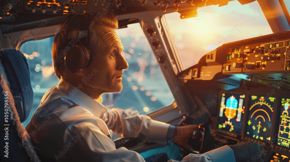 Commercial Airline Pilot Conducting Pre-Flight Checks in Sunlit Cockpit ...