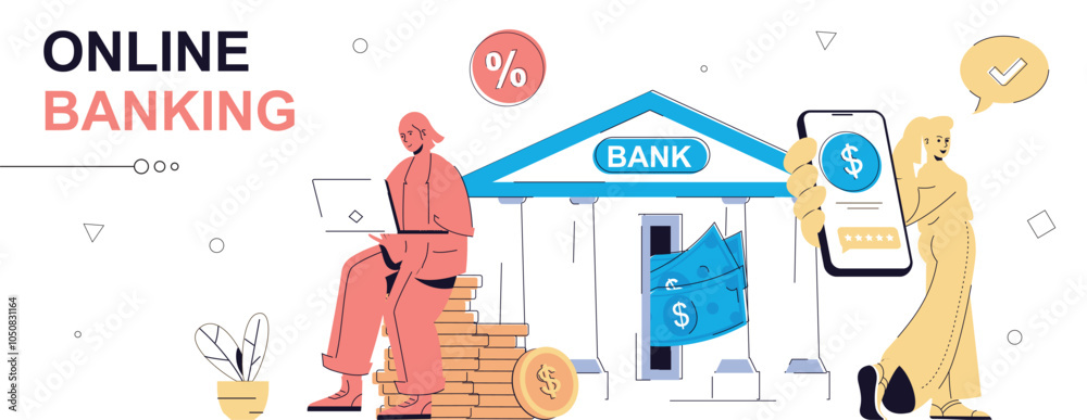 Online banking concept in flat cartoon design for web banner. People ...