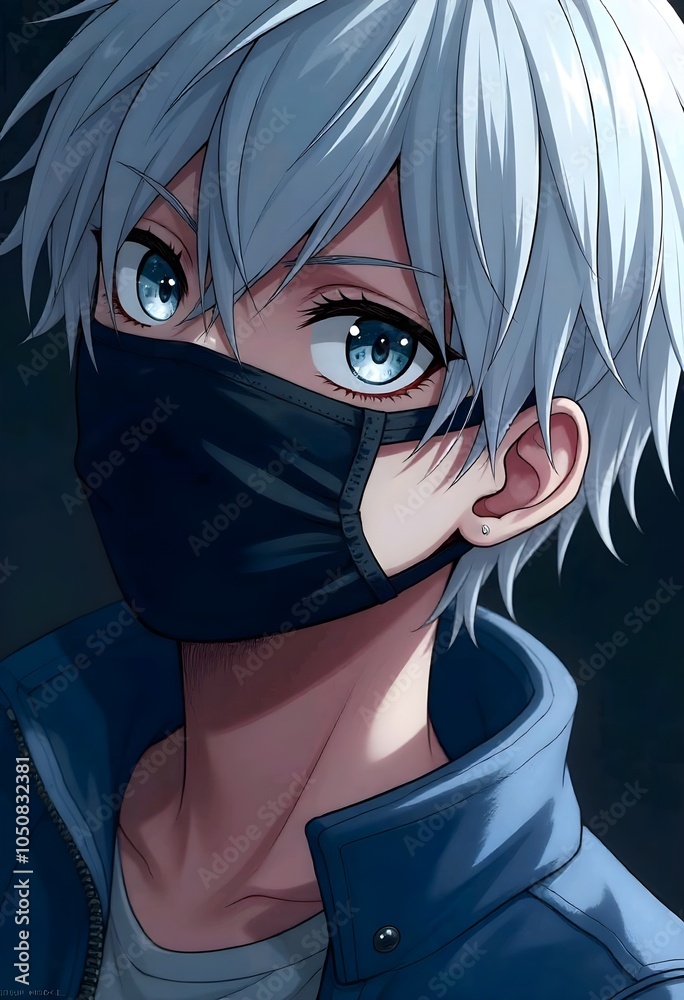A young anime character with white hair and black mask covering the ...