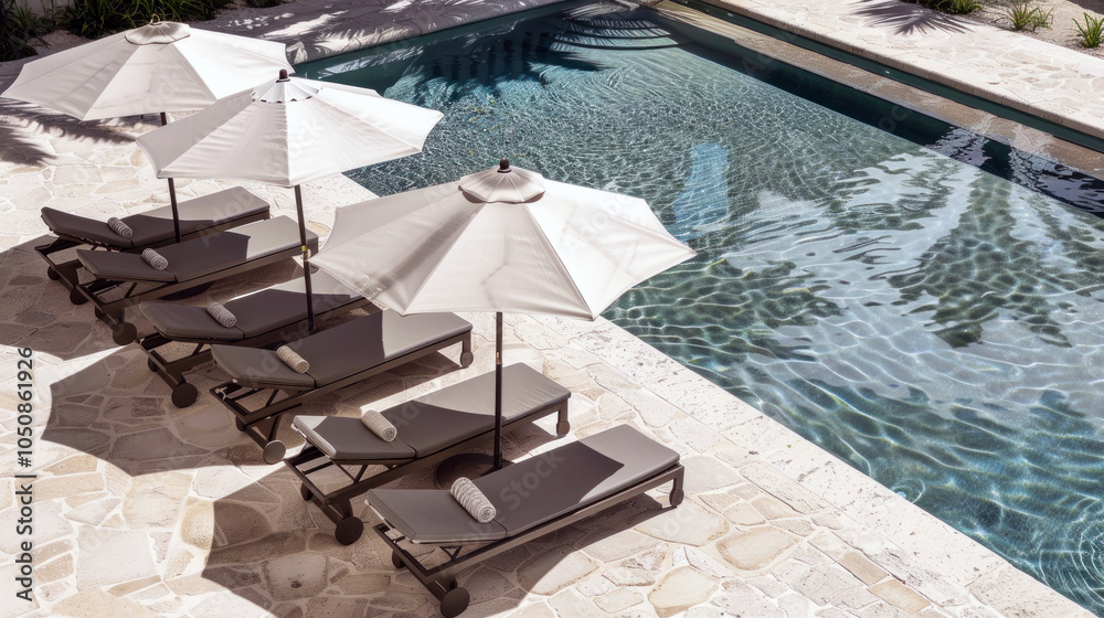 Luxurious pool area with umbrellas and loungers, designed for optimal ...