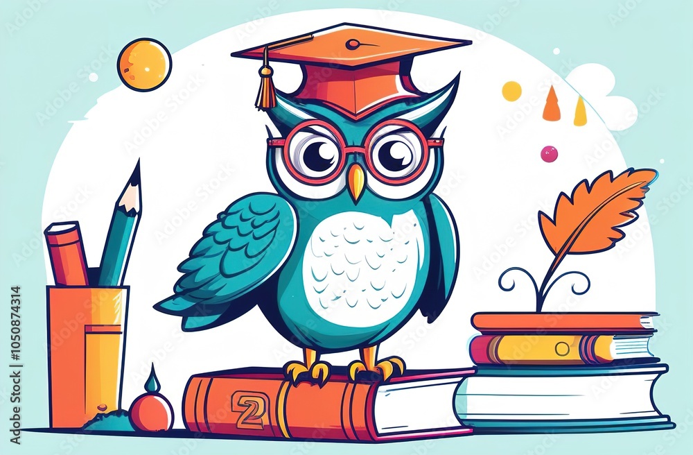 Watercolor Scientist Owl Teacher in Master of Science Cap. Cute Cartoon ...