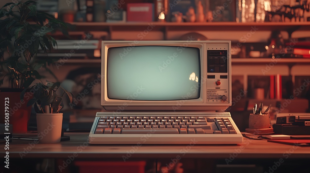 Old computer keyboard with mechanical keys on a desk with a CRT monitor ...