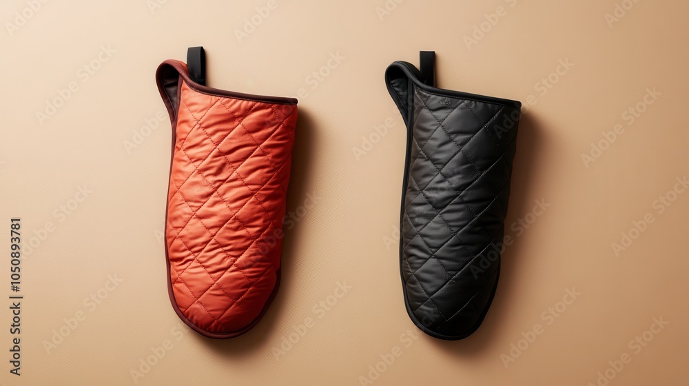 A pair of quilted kitchen mittens in red and black showcased on a ...