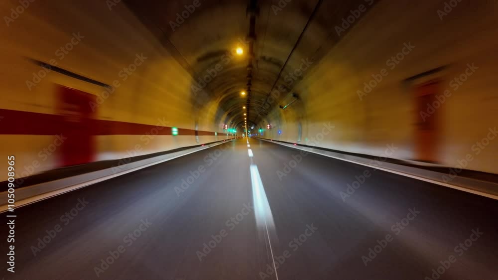 Dynamic point-of-view of driving through an illuminated highway tunnel ...